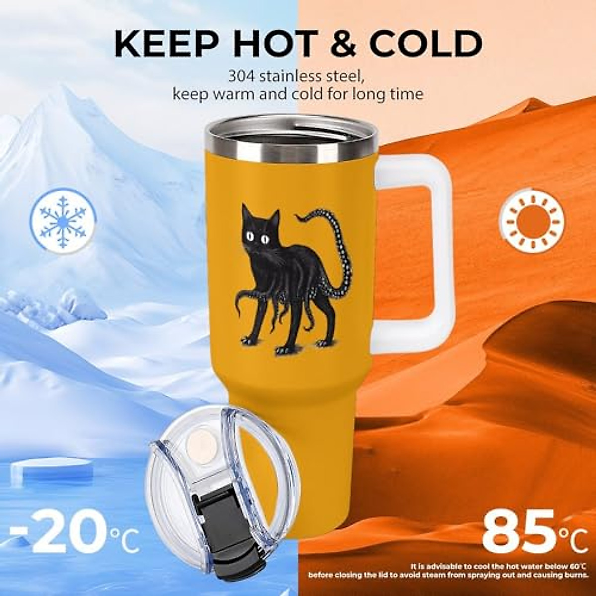 Black Cat with Octopus Tentacles Insulated Tumblers with Handle Stainless Steel Coffee Mug Funny Travel Cup with Lid Straw 40oz