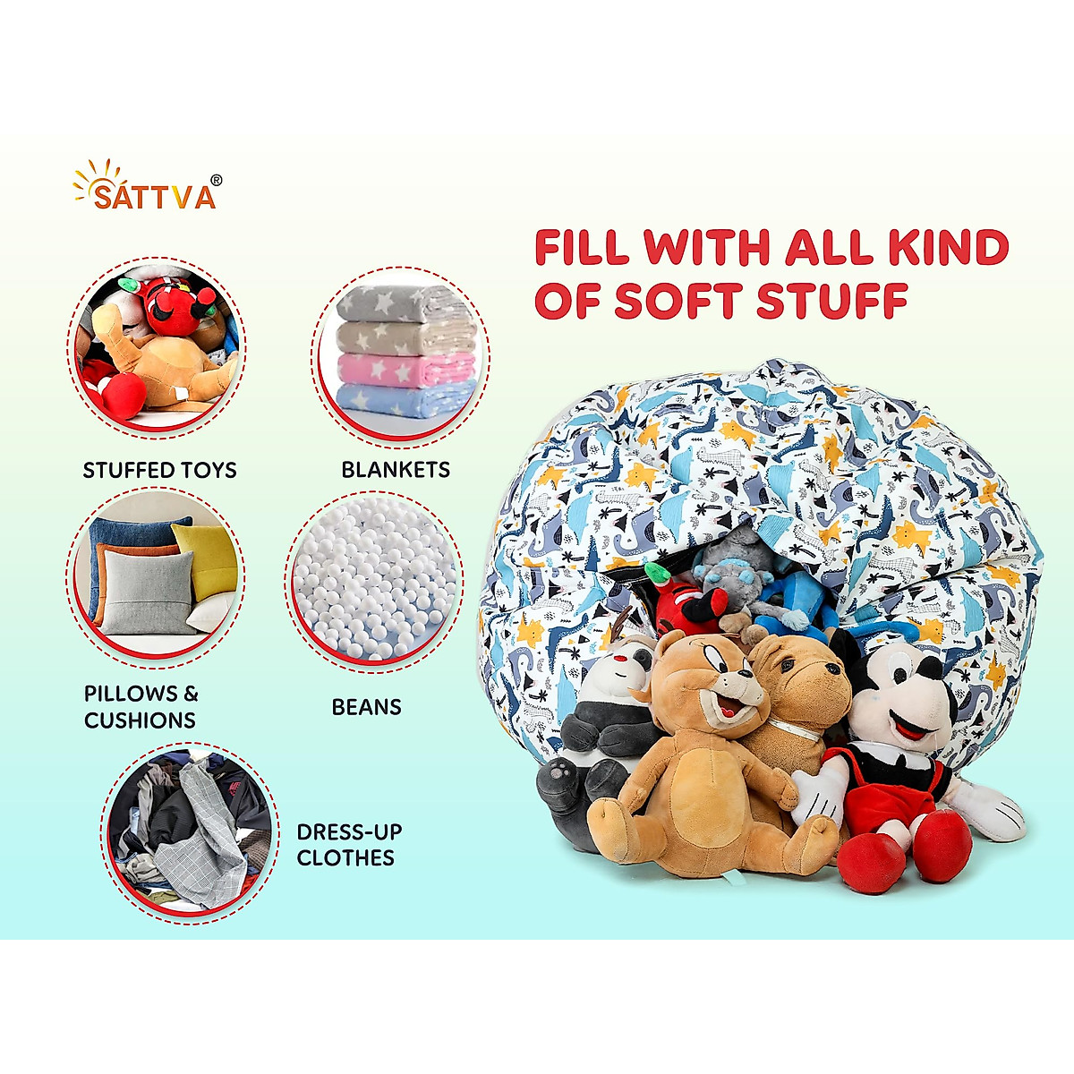 SATTVA Stuffed Animal Storage Bean Bag Chair for Kids, Zipper Storage Bean Bag for Organizing Stuffed Animals, Dinosaur Bean Bag Chair Cover, (No Beans)_White Dino Print