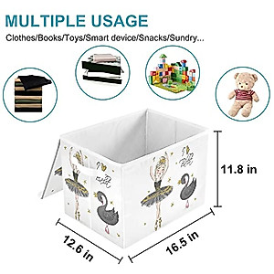 CaTaKu Lovely Black Swan Storage Bins with Lids and Handles, Fabric Large Storage Container Cube Basket with Lid Decorative Storage Boxes for Organizing Clothes