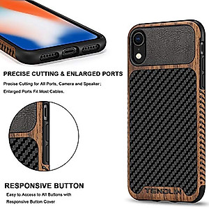 TENDLIN Compatible with iPhone XR Case Wood Grain with Carbon Fiber Texture Design Leather Hybrid Slim Case Compatible with iPhone XR (Carbon & Leather & Wood)