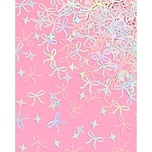 xo, Fetti Bow Confetti - 200 pc | Bachelorette Party Pink and Iridescent, Engagement Party Decoration, Tying the Knot Table Decor, Bride To Be Coquette Ribbon Bridal Shower Supplies