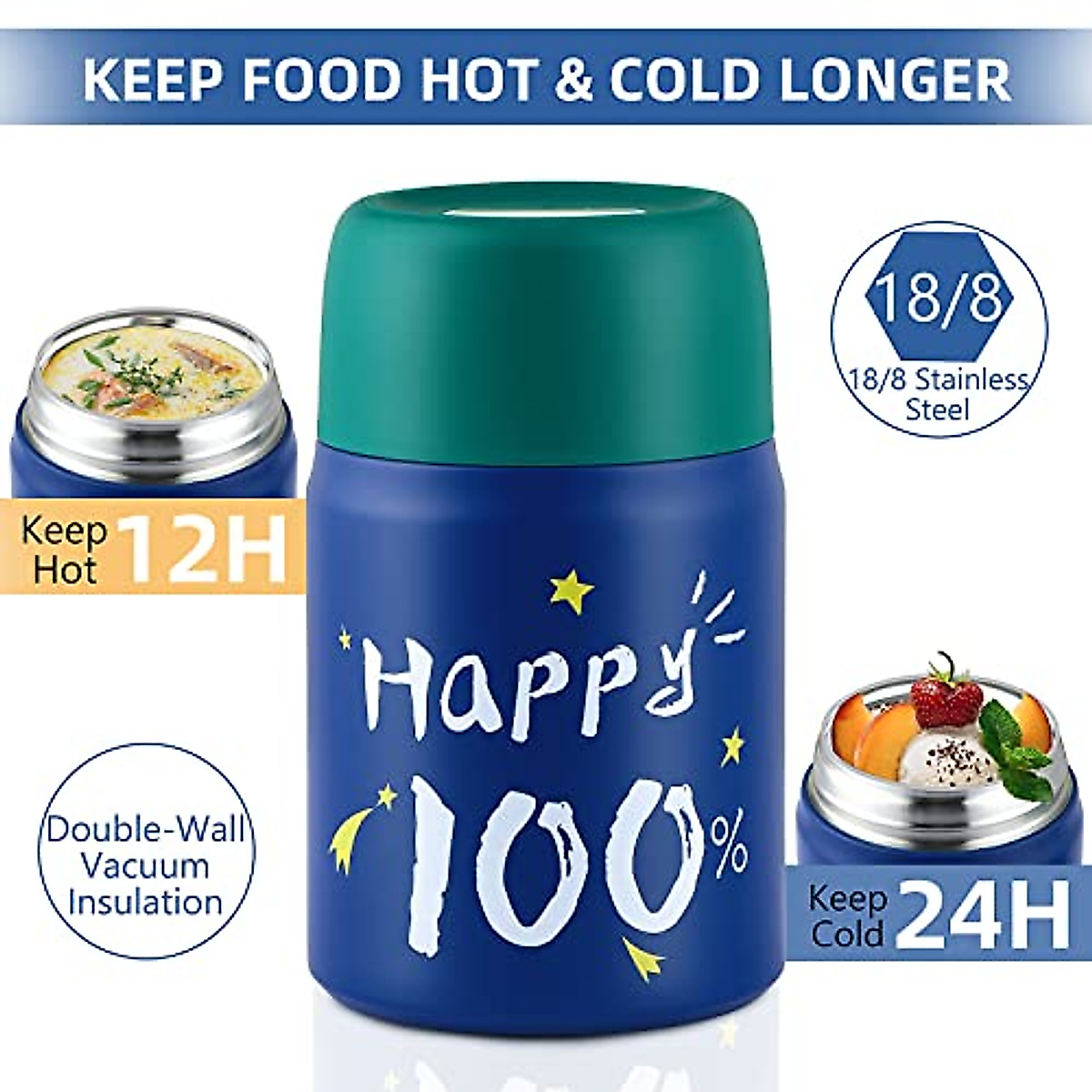 Thermos For Hot Food - 27 Oz Insulated Food Jar With Foldable Spoon & Fork, Leak Proof Food Thermos For Kids Adults, Double Walled Soup Thermos With Portable Food Bowl For School Office Outdoors (Dark Blue)