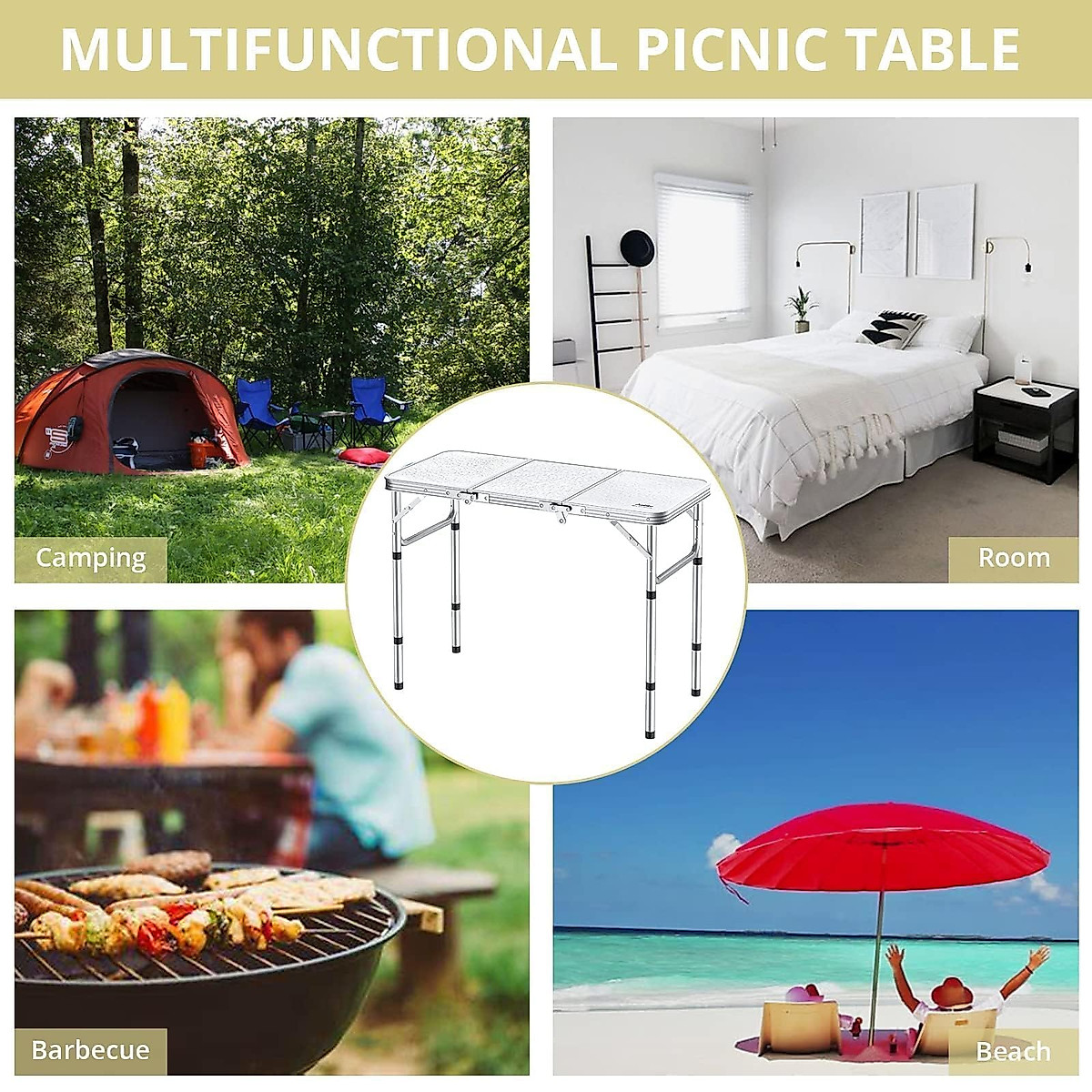 Anbte Camping Folding Table, 3ft Camping Table Aluminum Folding Table with 3 Adjustable Height Max 27.5 inch 35"X16" Portable Picnic Table Foldable Table with Storage Net for Outdoor Backyard BBQ