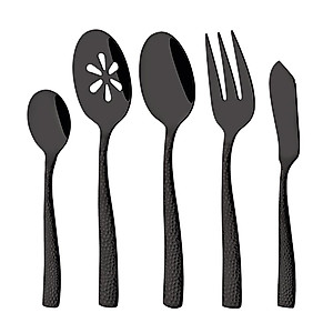 Uniturcky Serving Utensils Set, 5-Piece 18/8 Stainless Steel Hostess Serving Set, Elegant Hammered Serving Utensils for Home Restaurant and Buffet Catering, Heavy and Mirror Polished, Black