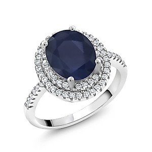 Gem Stone King 925 Sterling Silver Oval Blue Sapphire and White Moissanite Halo Engagement Ring For Women (2.63 Cttw, Gemstone Birthstone, Available In Size 5, 6, 7, 8, 9)