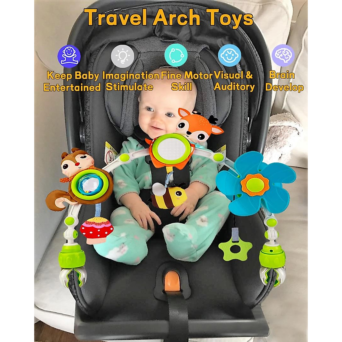 Baby Stroller Arch Mobile, Adjustable Musical Cirb Mobile Toys with Universal Clamps, Versatile Activity Toy Bar for Baby Bouncer Infant Car Seat Toys Stroller Toys Mobile for Bassinet Crib - Orange