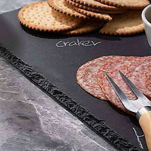 WLWNWFT 1 Pc 16 x 12 inch Slate Cheese Board Large Slate Board Set Slate Stone Board Slate Cheese Tray Serving Tray with 4 Knives Forks, 2 Ceramic Bowls and Chalk Christmas