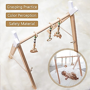 Wooden Baby Gym with 4 Baby Sensory Toys Foldable Baby Play Activity Gym Frame Hanging Bar Newborn Gift