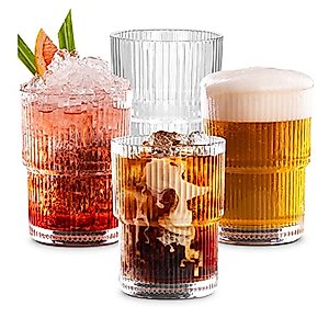 Combler Ribbed Glasses Drinking Set of 4, 14 oz Ribbed Drinking Glasses, Ribbed Glass Cups, Fluted Glassware Sets, Short Cocktail Glasses, Vintage Glassware Origami for Whiskey Wine Beer Tea
