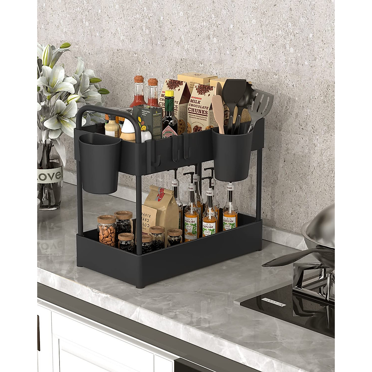 FURTIME Under Sink Organizer, 2 Tier Kitchen Under Sink Storage Bathroom Countertop Organizer with 6 Hooks 2 Hanging Cups and Anti-Foot for Bathroom Kitchen Spice Makeup Cosmetics Vanity Narrow Space