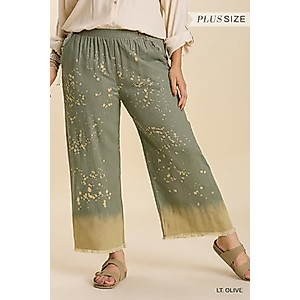 Umgee Linen Blend Bleach Dip Dye Elastic Waistband Wide Leg Pants with Pockets and Frayed Edged Hem