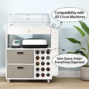 Cooday Craft Organizers and Storage Cart, Compatible with Cricut Machines — Rolling Craft Cart with 23 Large Diameter Vinyl Roll Holders, Craft Cabinet and Storage Workstation for Craft Room