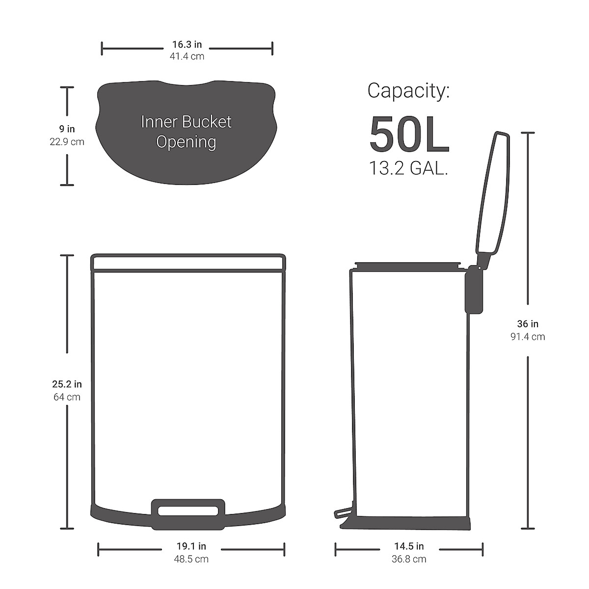 QUALIAZERO 50L Stainless Steel Step-On Trashcan with Soft Close Lid, Hands-Free Operation, Ideal for Kitchens, Offices & Commercial Spaces, D Shape