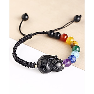 Jewever 7 Chakra Bracelet for Women Fox Black Obsidian Crystals and Gemstones Braided Rope Natural Stone Yoga Meditation Beads Bangle
