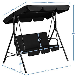 Yaheetech 3-Seat Patio Swing Chair, Outdoor Canopy Swing Porch Swing with Adjustable Canopy & Removable Cushion, Hanging Swing Glider Lounge Chair for Patio, Garden, Yard, Porch - Black