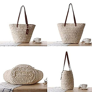 YFQHDD Summer Straw Bags Women Handmade Woven Basket Shoulder Bags Beach Travel Large Capacity Tote Bags (Color : Photo Color, Size : One Size)