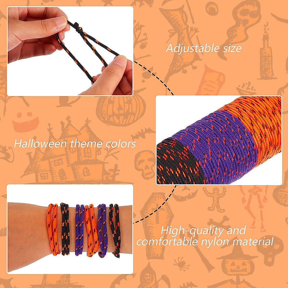 Dingion 90 Pieces Halloween Bracelets Bulk Nylon Friendship Bracelets for Kids Orange Black Purple Adjustable Neon Woven Rope Bracelets Goodie Bag Stuffers Halloween Party Favor