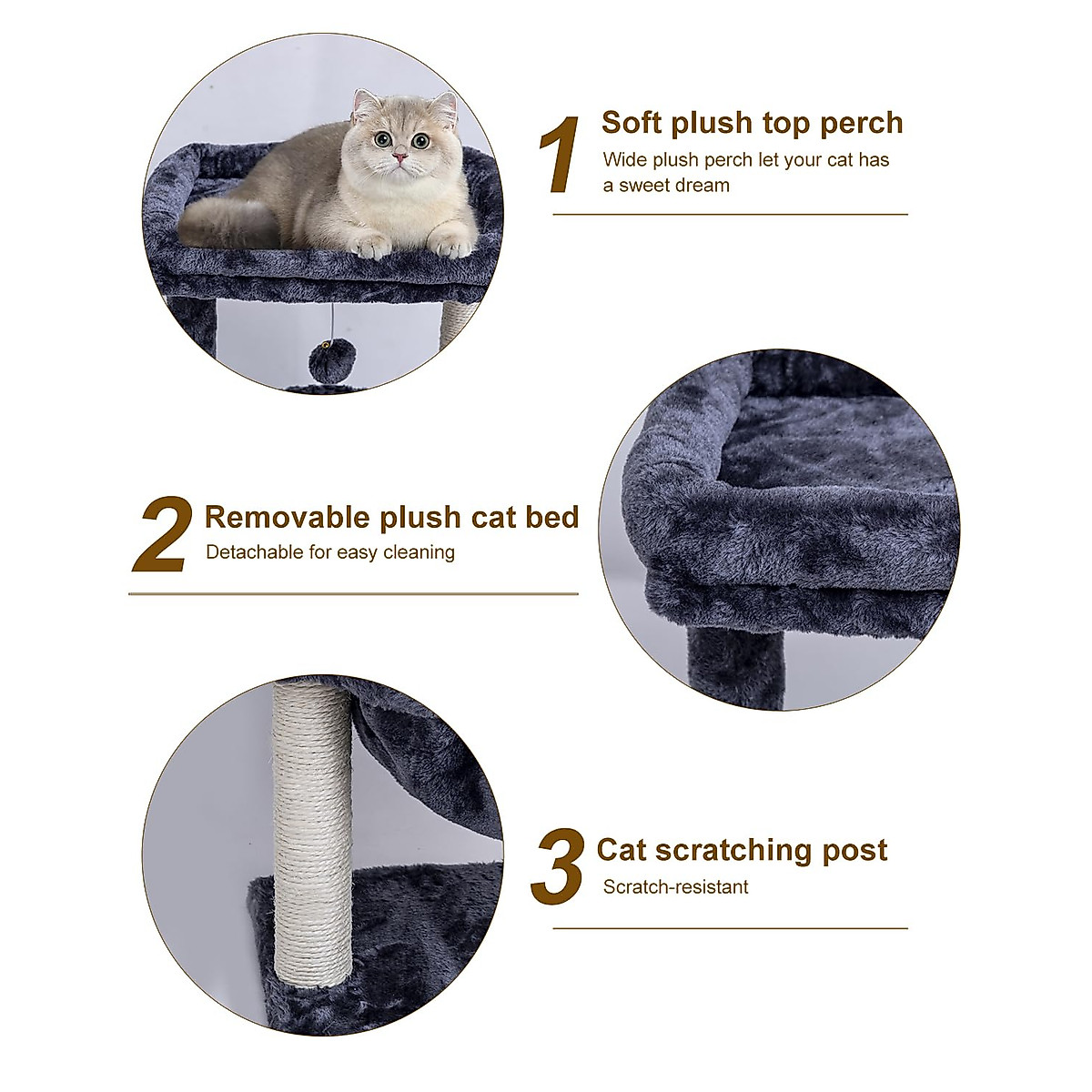 SYANDLVY Small Cat Tree for Indoor Cats, Activity Cat Tower with Scratching Post for Kittens, Cat Condo & Furniture with Basket & Hanging Ball for Play Rest