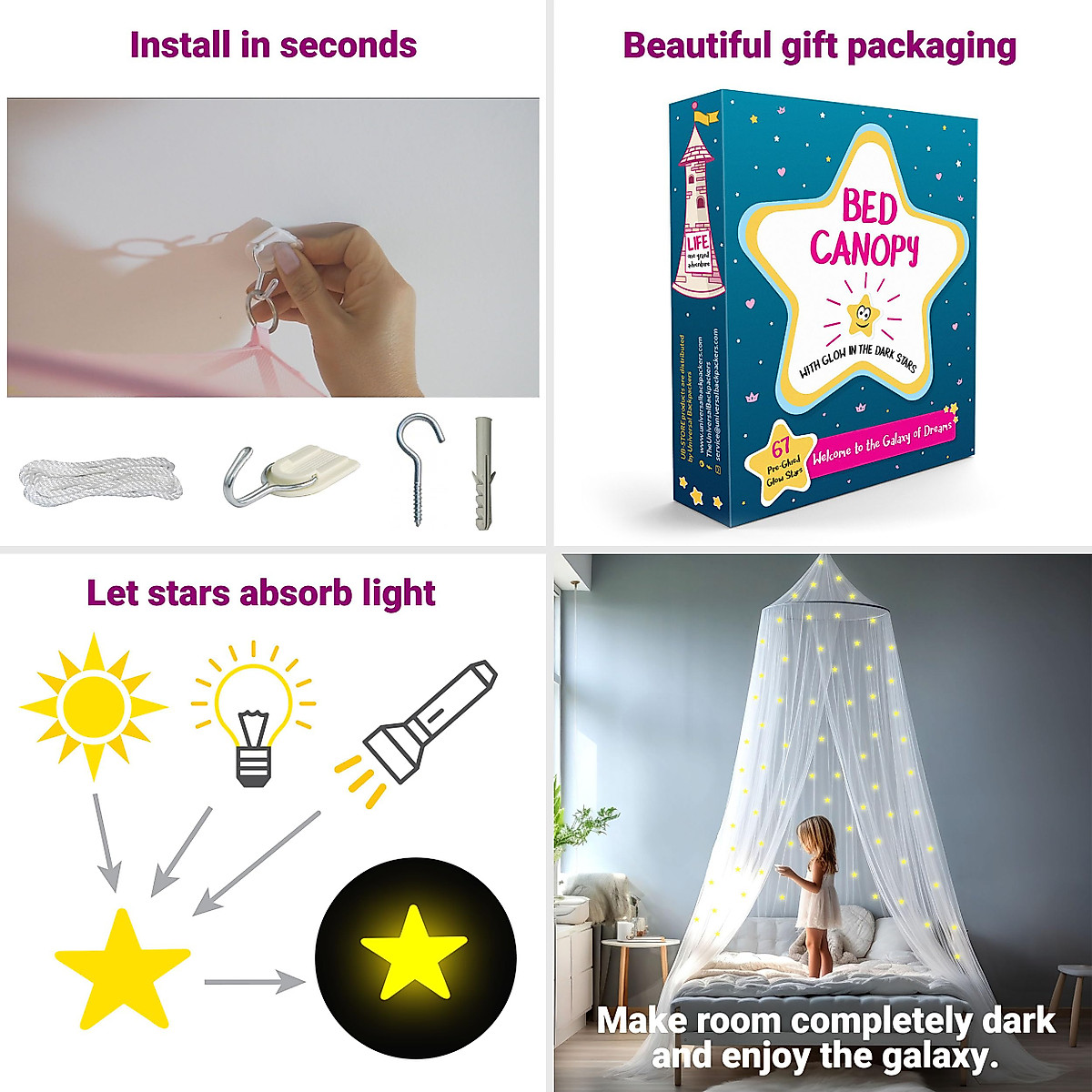 Canopy for Girls Bed with Pre-Glued Glow in The Dark Stars - Princess Mosquito Net Room Decor - Kids & Baby Bedroom Tent with Galaxy Lights - 1 Opening Canopy Bed & Hanging Kit Included