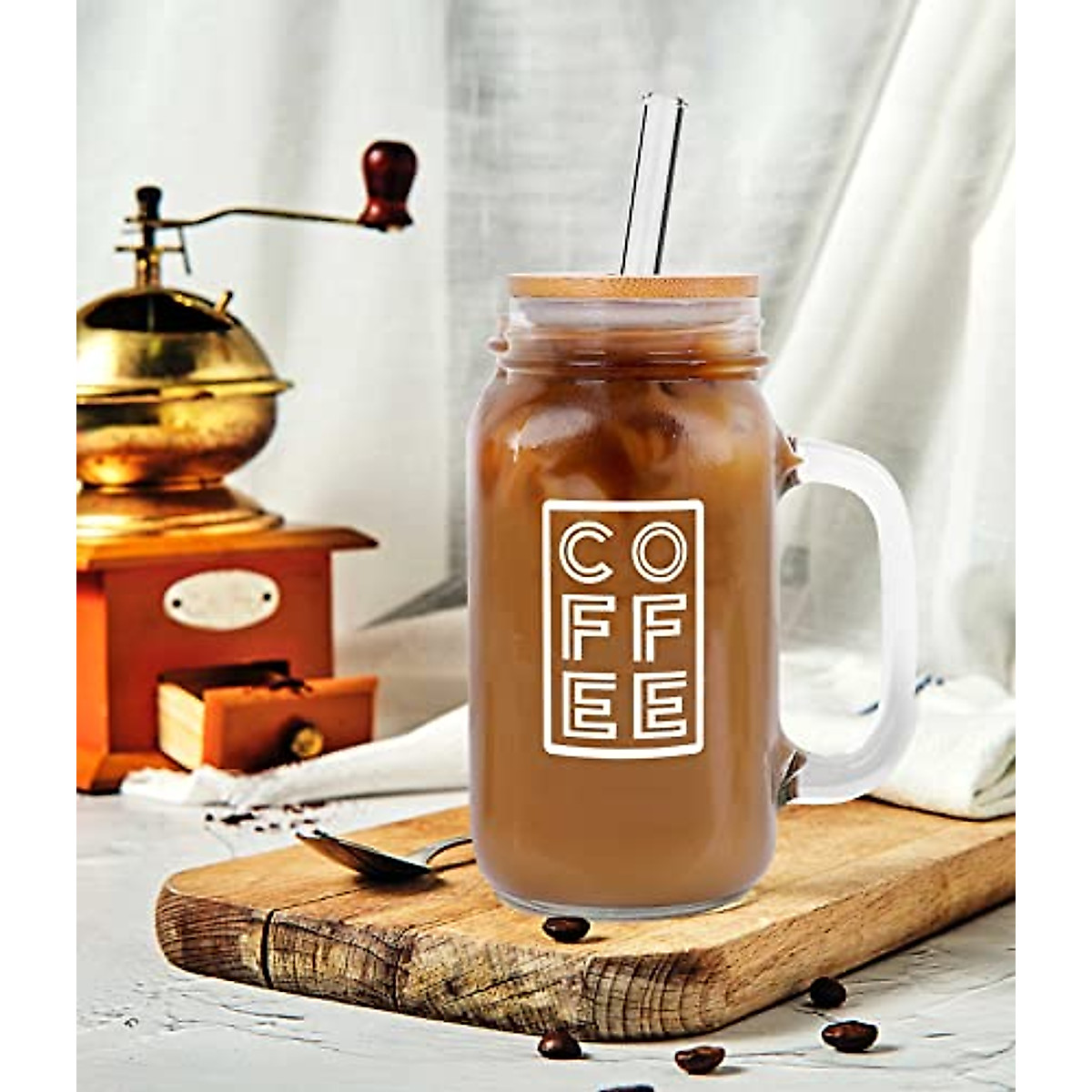 Mason Jar Iced Coffee Cup with Lid and Straw, 24oz Regular Mouth Mason Jars with Handle Glass Coffee Drinking Glasses Tumbler Reusable Boba Cups Bottles for Iced Coffee Cups for Travel Office Home