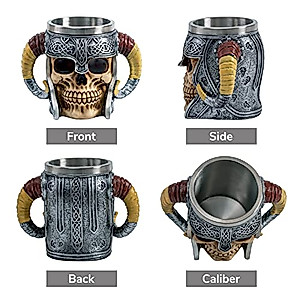 CHICVITA Stainless Steel Viking Mug, Skull Coffee Mug, Double Handles Viking Beer Cup, Cool Tea Cups For Men, Dad Coffee Mug Gift, 6.8 x 5 x 3.1 inches