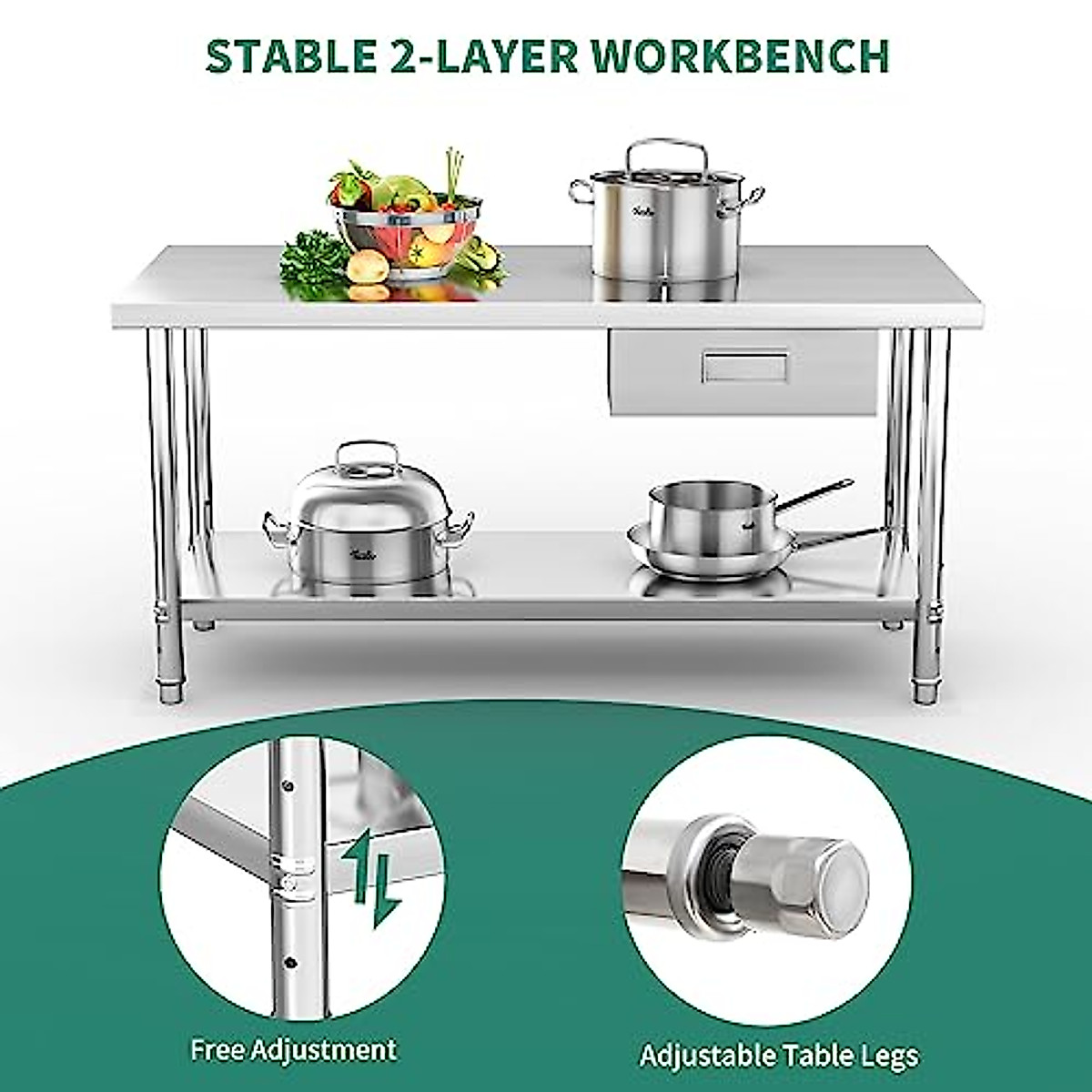 YITAHOME Stainless Steel Table with Drawer, 60" X 24" Work Table with Drawer, Metal Table Prep Table for Home Kitchen Restaurant Garage Warehouse