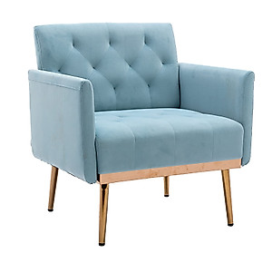 Olela Accent Chair with Arms for Living Room, Modern Tufted Single Sofa Armchair with Gold Metal Legs Upholstered Reading Chair for Bedroom Office Decorative (Velvet-Smooth Backrest, Blue)
