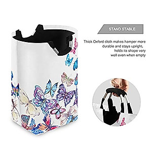 ALAZA Large Laundry Basket Blue & Pink Butterfly Laundry Bag Hamper Collapsible Oxford Cloth Stylish Home Storage Bin with Handles, 22.7 Inch