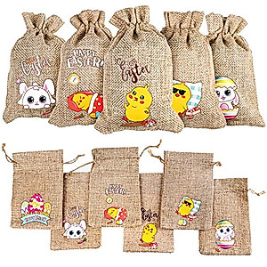 DIYASY 36 Pcs Easter Burlap Goody Bags,Egg Bunny Chick Treat Drawstring Linen Bags for Easter Party Favor.