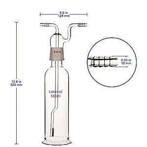 Labasics Gas Washing Bottle, Borosilicate Glass 34/34 Stopper Gas Bubbler Gas Washing Bottle with Fritted Disc and 8 mm OD Inlet/Outlet Hoses, 500 ml