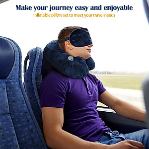 Self-Inflatable Travel Pillow with Eye Mask Earplugs Compact Bag, Inflatable Neck Pillow Support for Sleeping and Traveling, Airplane Pillow for Long Flight, Neck Cushion for Car Home Office Train