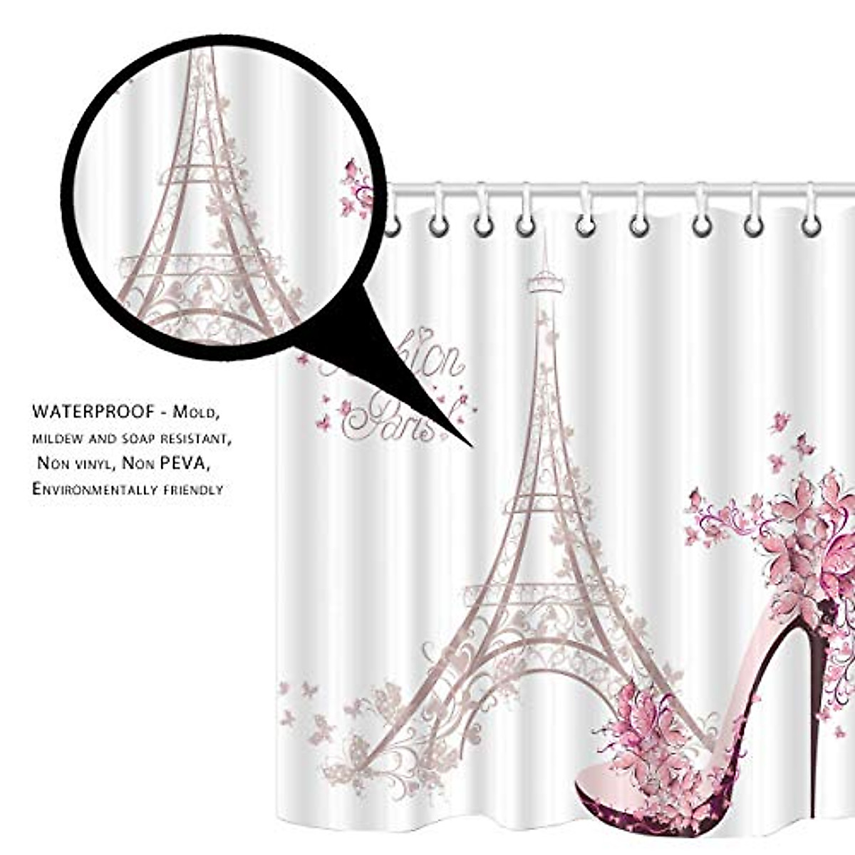 Amagical Paris Eiffel Tower Decor 16 Piece Bathroom Mat Rug Set Shower Curtain Set High Heeled Shoes and Pink Flower in Paris Pattern Bath Mat + Contour Mat + Toilet Cover + Shower Curtain + 12 Hooks