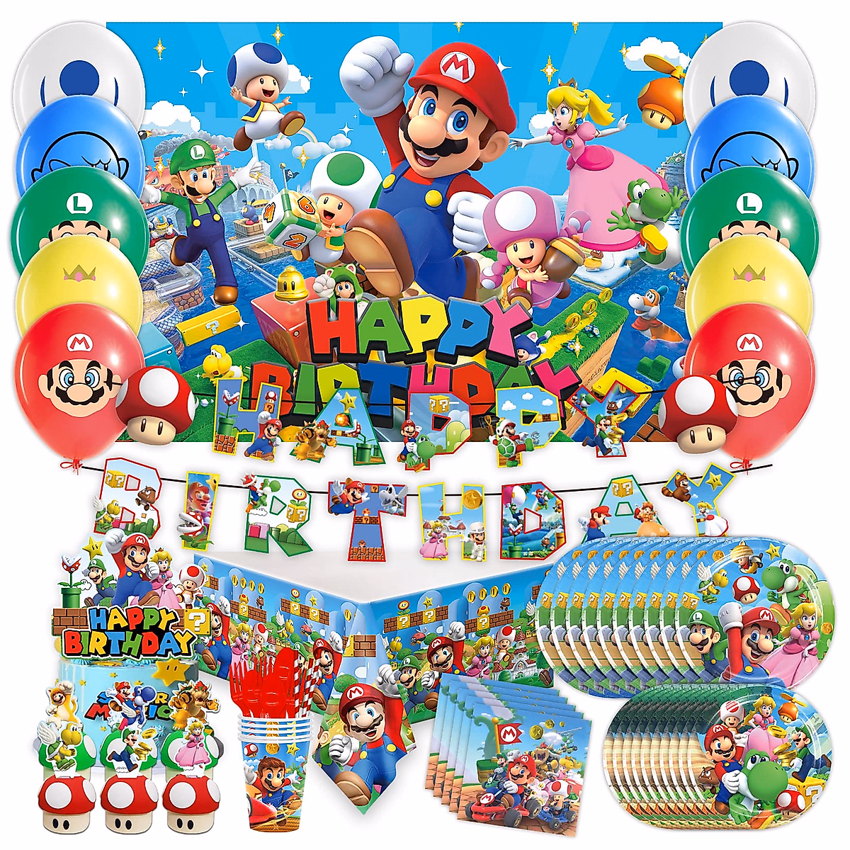 Mario Birthday Party Supplies, 116PCS Mario Party Decorations Include Banners, Backdrop, Plates, Tablecloth, Cup, Forks, Spoons, Cake Topper, straw (10 Guests)