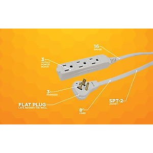 Woods SlimLine 2241 16/3 Flat Plug Indoor Extension Cord, 8-Foot, 3 Outlets, Right Angled Plug, Space Saving Design, UL Listed