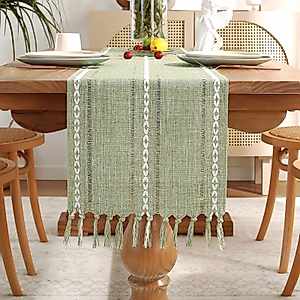 Laolitou Rustic Table Runner with Tassels, Cotton Linen Table Decoration for Christmas Holiday Party, Farmhouse Table Runners, Wedding and Dining Decorations, 72 Inches, Sage Green