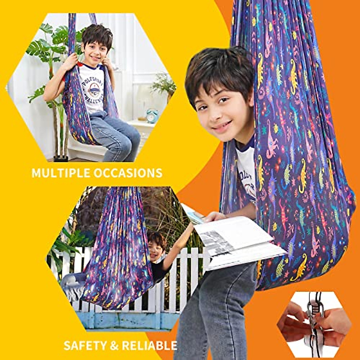 Therapy Sensory Swing for Kids, Indoor Outdoor Special Needs Cuddle Snuggle Swings, Room Ceiling Fabric Blue Dinosaur Hammock for Children Child Boys ADHD, Autism, Aspergers, Sensory Integration