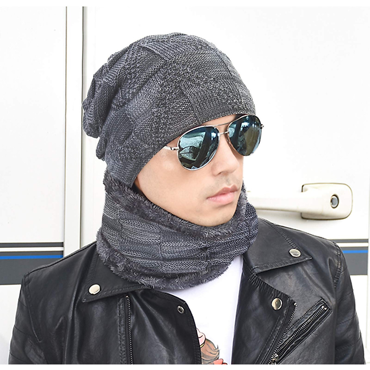 2 Pieces Winter Beanie Hat Scarf Set Thick Warm Knit Fleece Lined Skull Cap Scarves Gifts for Men,Y-Gray