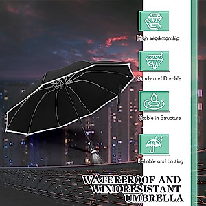 Sanwuta 2 Pcs Folding LED Umbrella Travel Umbrella Reflective Umbrella Compact Portable Parasol Waterproof Umbrella Auto Open Close Golf Umbrella, Black and Blue