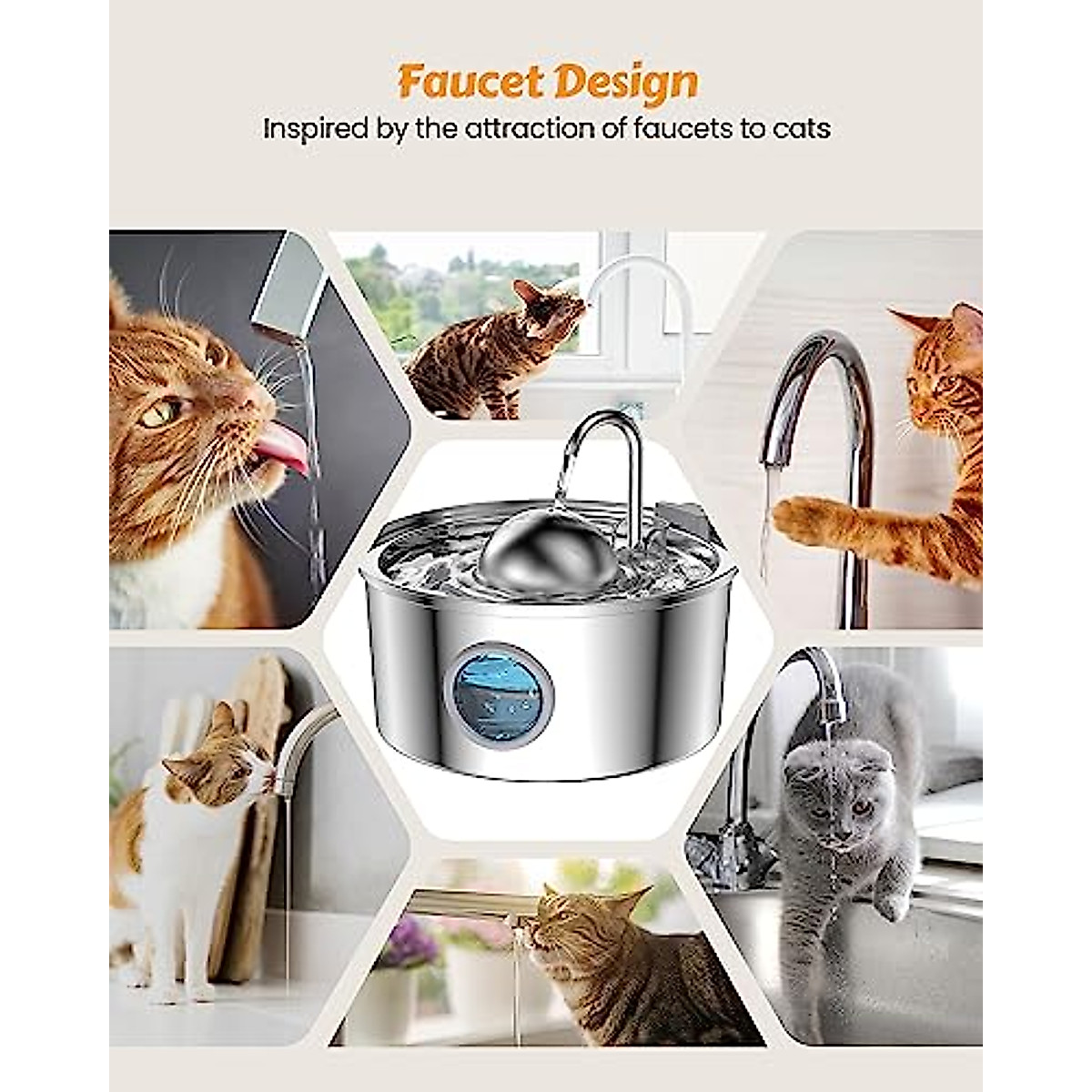 Cat Water Fountain Stainless Steel, AONBOY 108oz/3.2L Cat Fountain, Dog Water Fountain with Water Level Window, Hemispherical Shape, Multi-Filter, Silent Pump, Water Tap, Provides Flowing Water