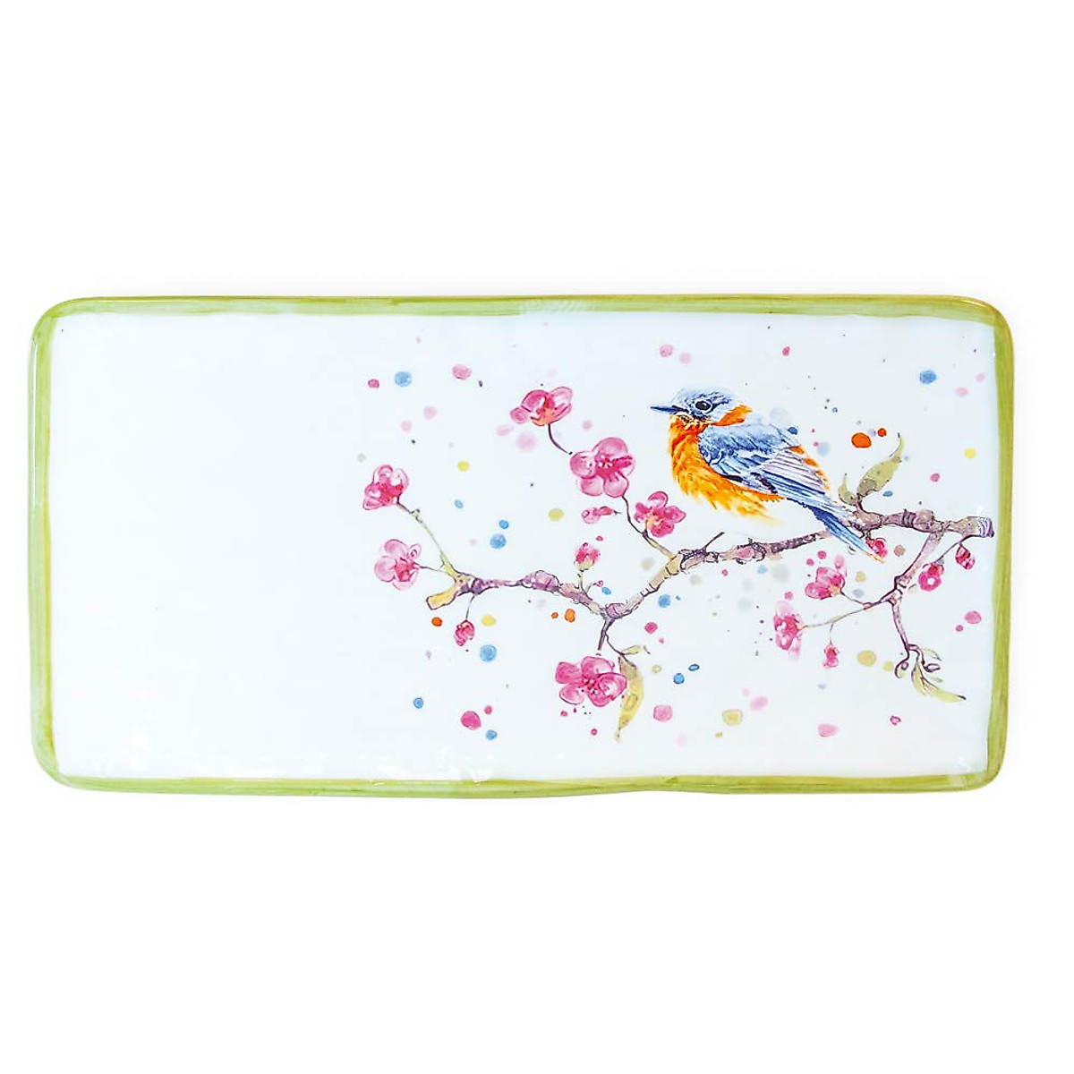 Boston International KAC20024 Spring Ceramic Platter, 12 x 6 x .5, Bird and Cherry Blossoms