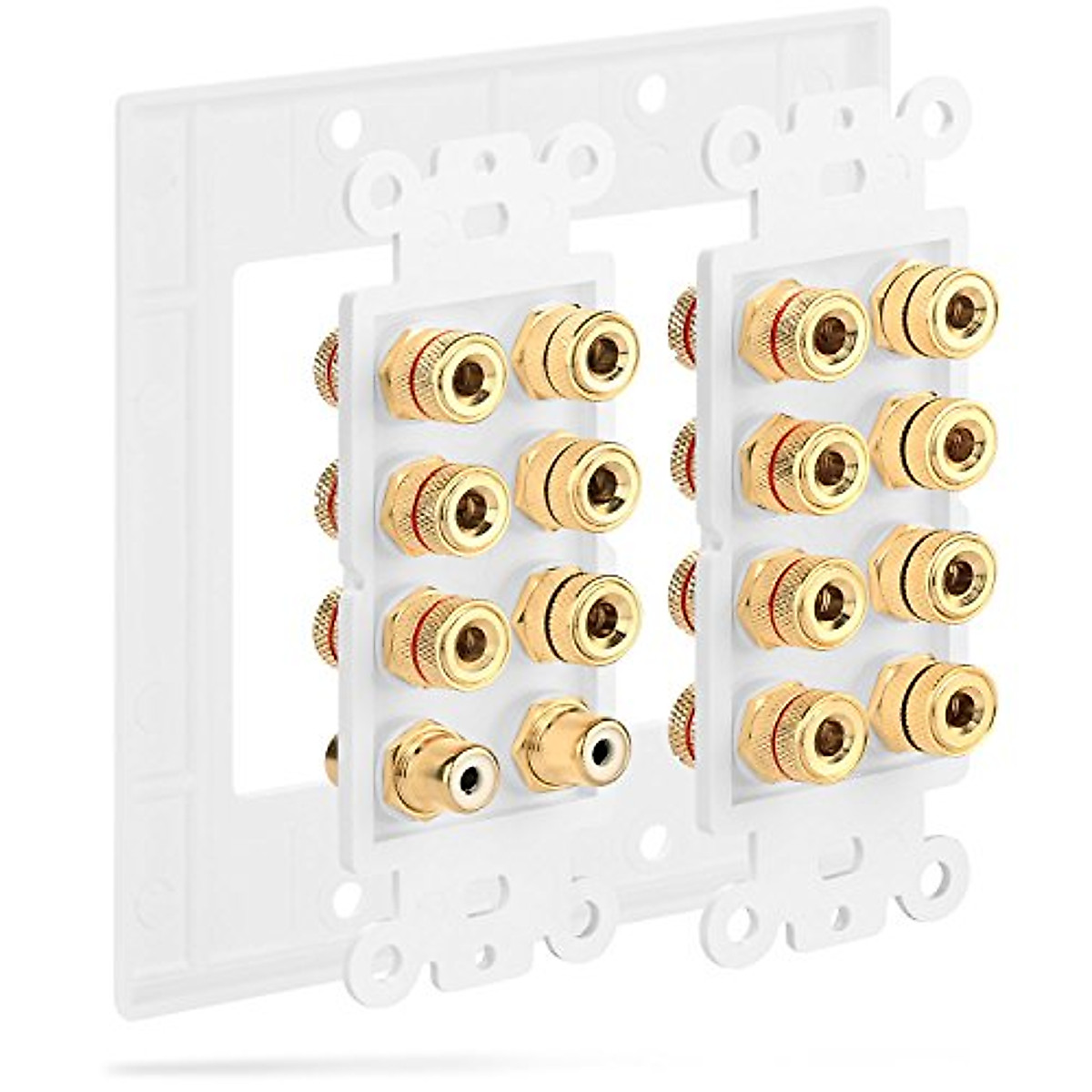 Fosmon 2-Gang 7.1 Surround Sound Distribution Home Theater Wall Plate, Gold Plated 7-Pair Copper Binding Posts Coupler Type for 7 Speakers, 2 RCA Jack for Subwoofer