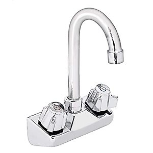 Kitchen Sink Faucet Wall Mount - DuraSteel 4" Center Commercial Kitchen Sink Faucet with 3-1/2" Gooseneck Spout - Dual Knob Handles - Brass Constructed & Chrome Polished