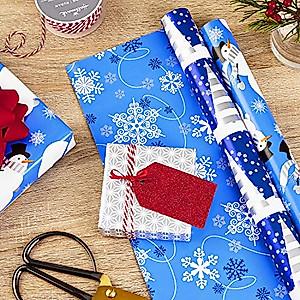 Hallmark Holiday Reversible Wrapping Paper Bundle, Blue and Silver (Pack of 2, 60 sq. ft. ttl) Snowmen, Snowflakes, Christmas Trees