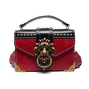Women Vegan Faux Leather Regal Design Lion Head Handbag Crossbody Purse Bag (Red)