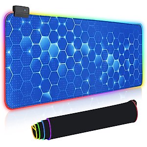 SIMEEGO RGB Gaming Mouse Pad, Led Mouse Pad with 14 Lighting Mods Large Sized Soft mousepad, Waterproof, Low Friction Hard Surface Keyboard Mouse Mat for Gaming and Work -31.5×11.8 (Honeycomb Hexagon)