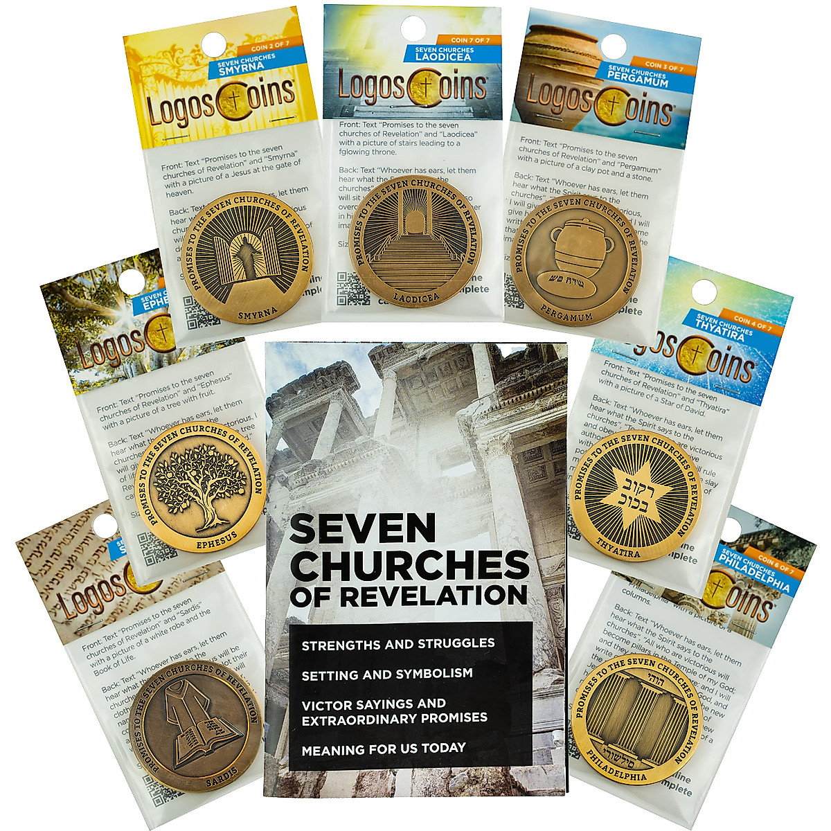 Bible Study Set, The Seven Churches of Revelation, 7 Study Booklets & 7 Challenge Coins, Bulk Bible Study Supplies for Men & Women, Christian Group Devotional Gift Set, Early Church Life Applications