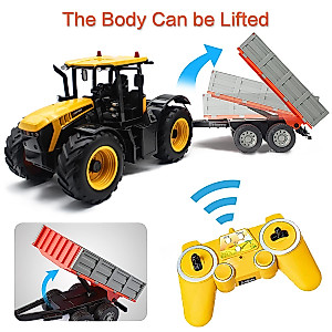 Dollox Tipping Trailer Accessory with Hitch for RC Farm Tractor Toy Car 1/16 Scale Construction Farmer Truck 2.4G Remote Control Engineering Vehicle Toys for Kids