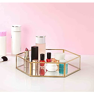 PinkBoss Glass Makeup Tray Handmade Perfum Mirror Storage for Vanity (Gold)