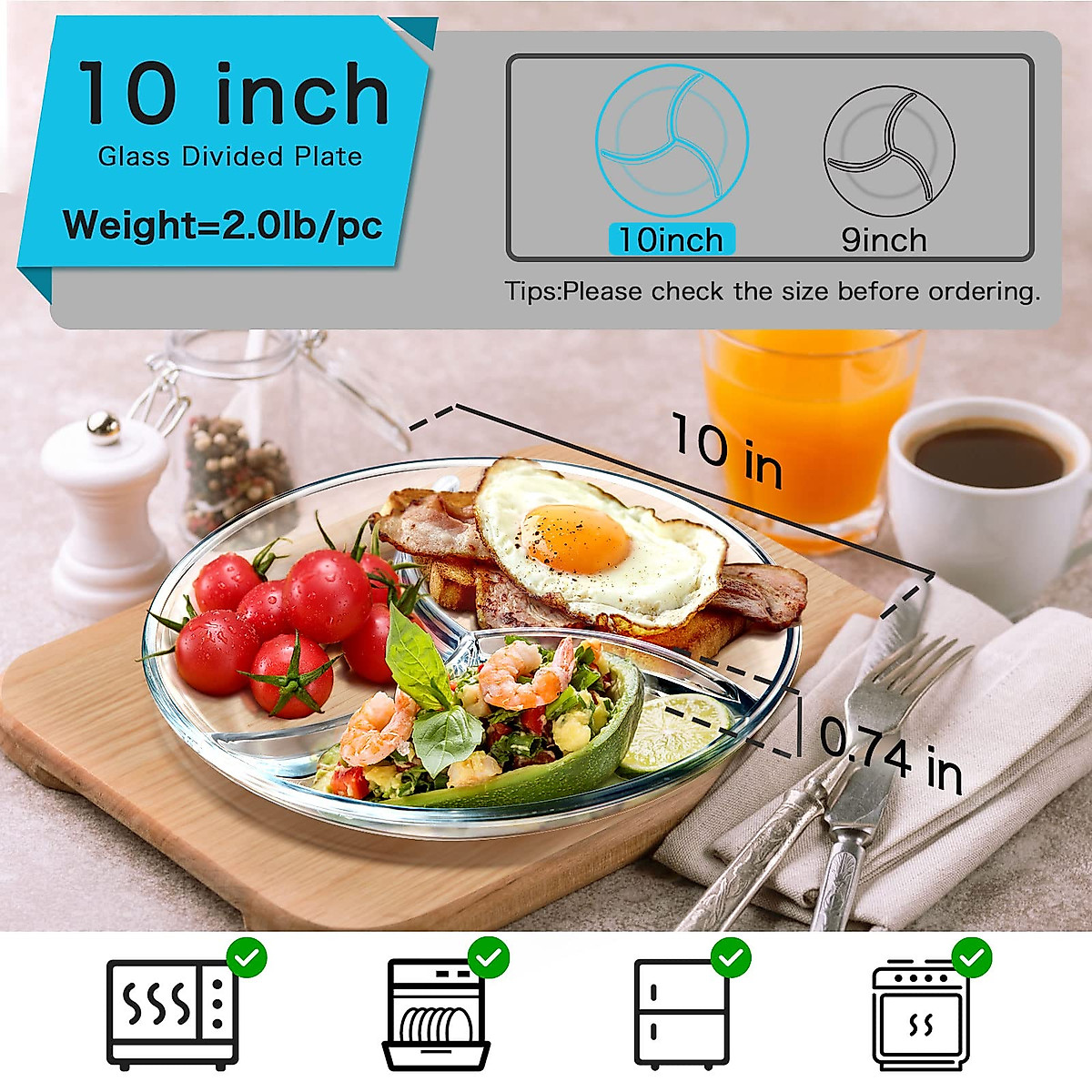 NUTRIUPS Portion Control Plate Glass Divided Plate Weight Loss Plate 3 Compartment Plate Bariatric Plate Portion Master Plate Glass Divided Dishes for Breakfast 10 Inch Round, 1 Piece