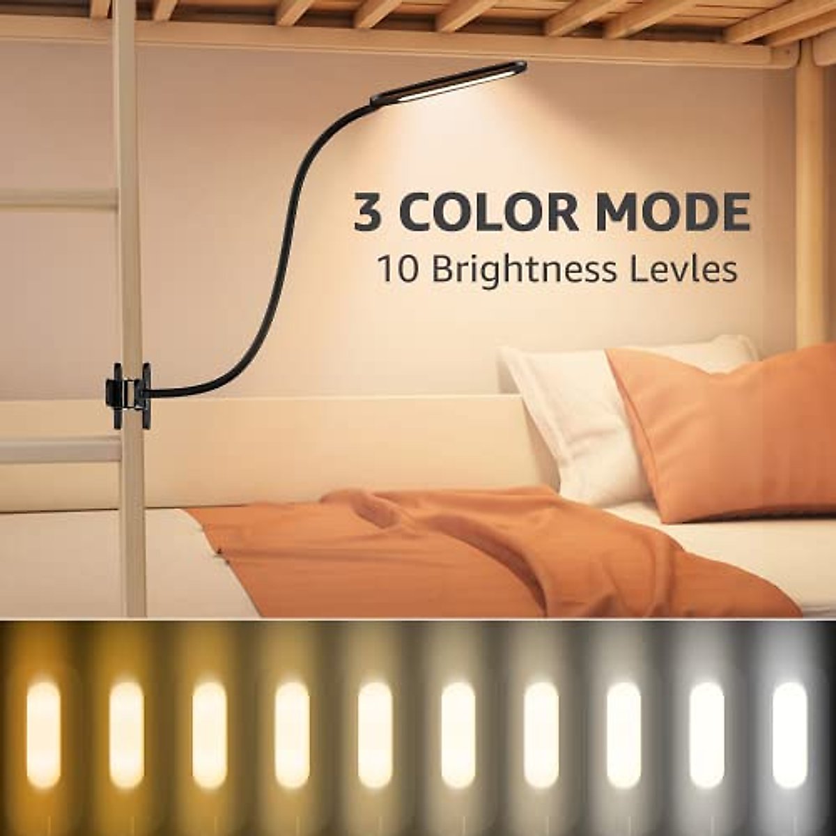Dpower Desk Lamp with Clamp, 8W Clip on Light with 3 Lighting Modes, 10 Brightness Level, Eye-Caring Reading Lamp, Flexible Gooseneck Clamp Lamp, USB Desk Light for Bed Headboard Home Office Workbench